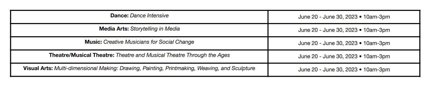 Summer Program table