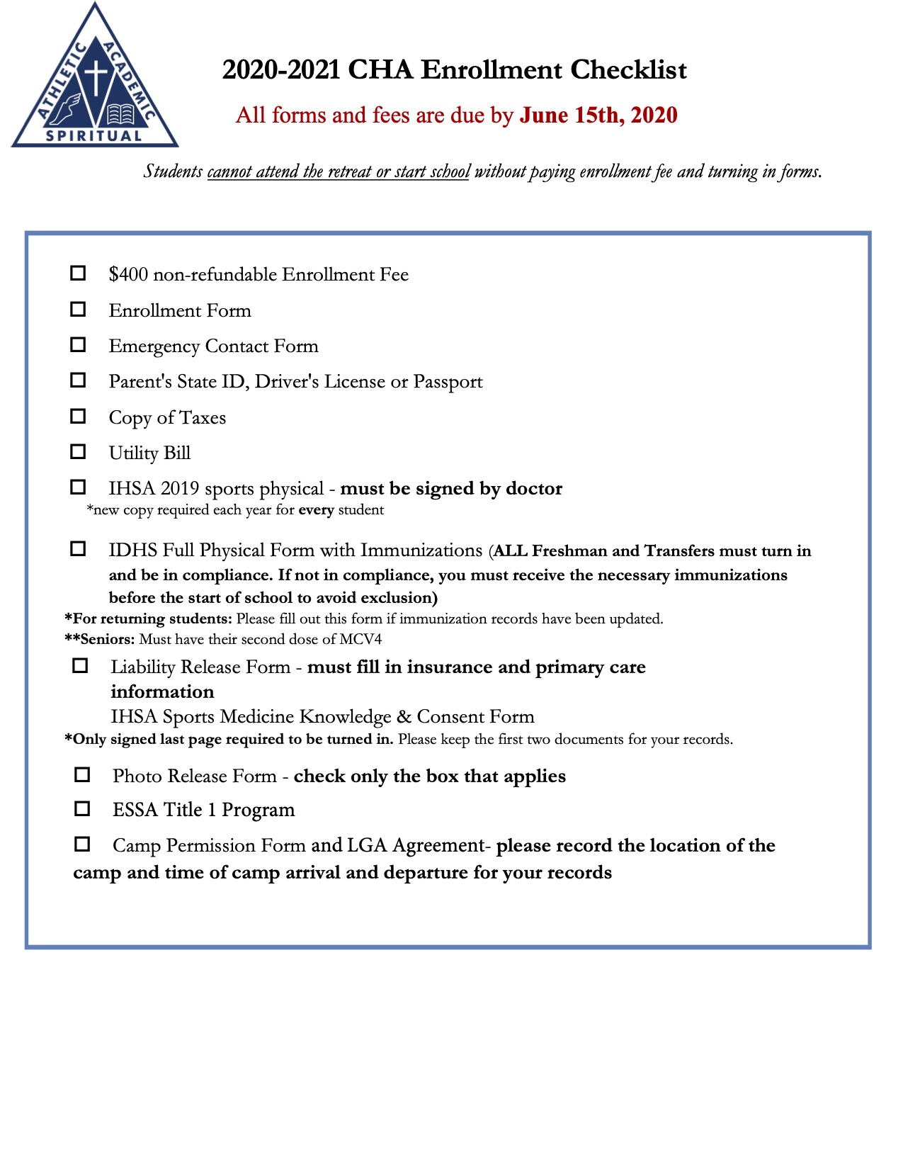 2020-2021 Chicago Hope Academy: Student Enrollment Packet